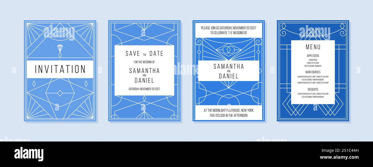 Art deco style wedding invitation. Blue color modern aesthetics ...