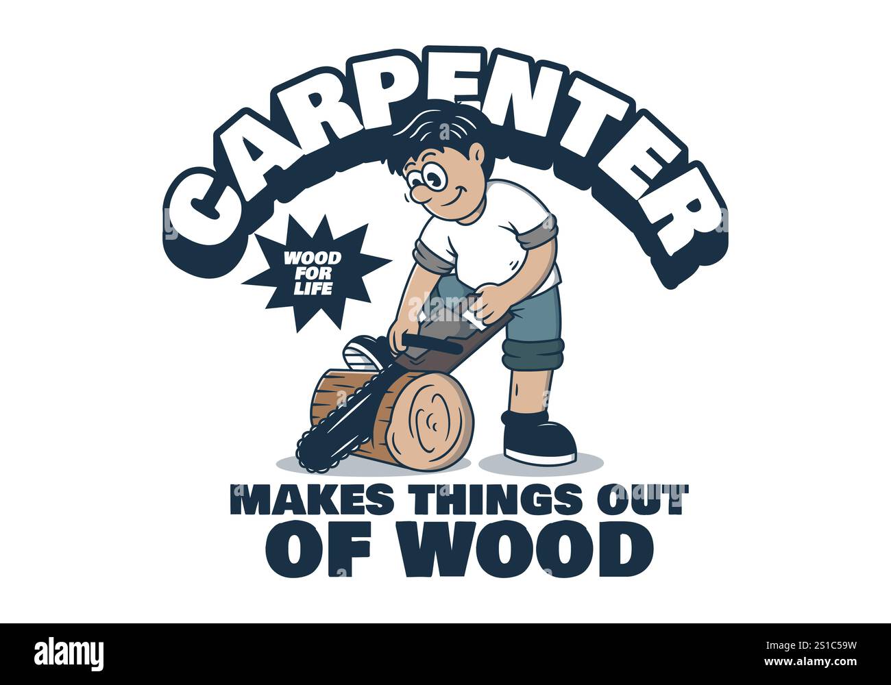 Illustration of a Carpenter character sawing a block of wood Stock ...