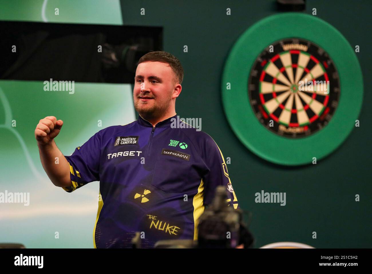 London, UK. 02nd Jan, 2025. Luke Littler celebrates and gestures ...