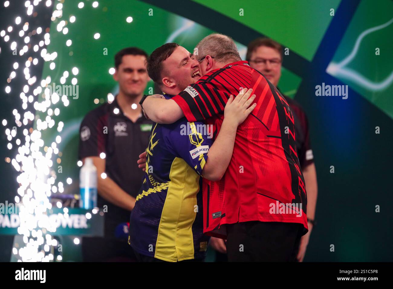 London, UK. 02nd Jan, 2025. Luke Littler celebrates and gestures with ...