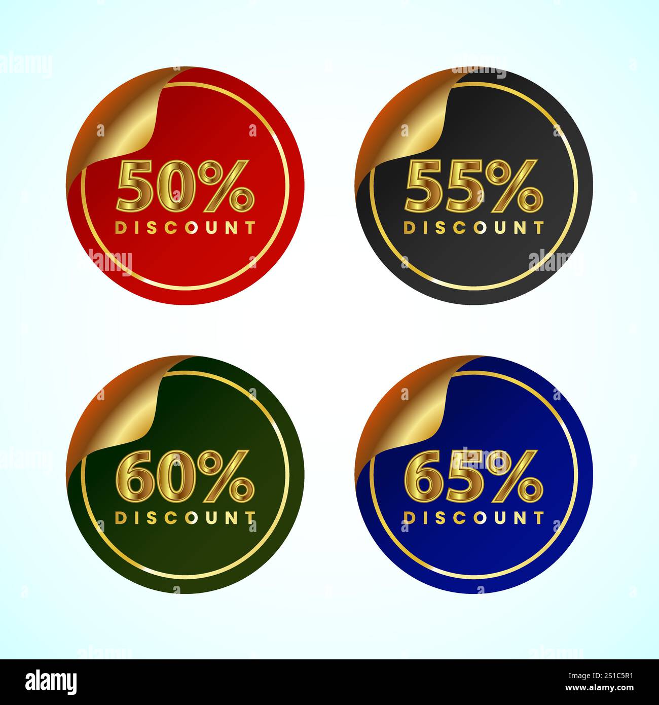 Sale discount icons. Special offer price signs. 50, 55, 60, and 65 percent off symbols Stock ...