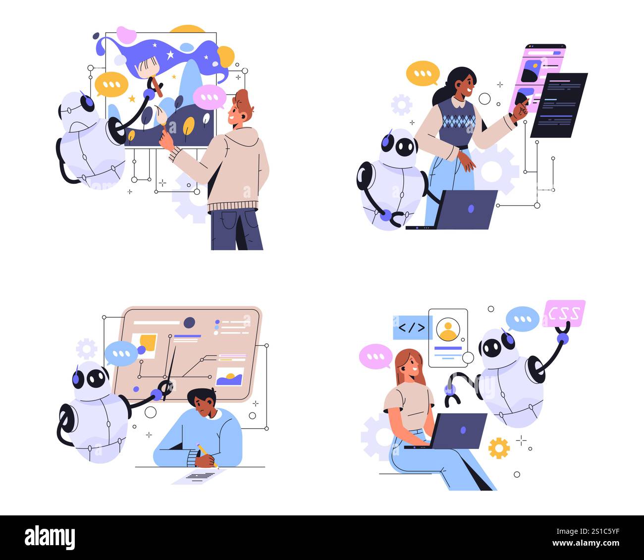 Set of artificial intelligence or AI helpers. Vector cartoon robot help ...