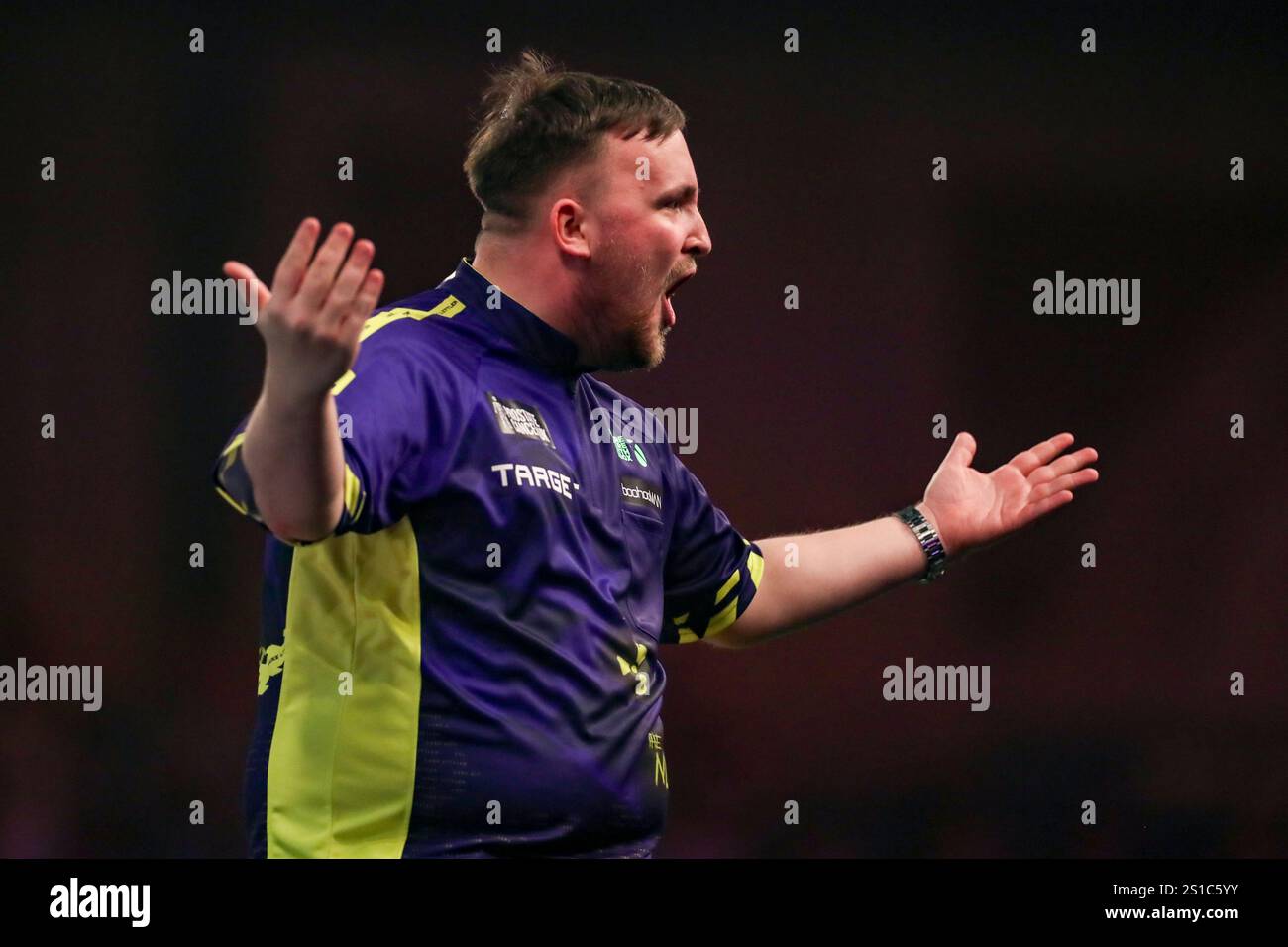 London, UK. 02nd Jan, 2025. Luke Littler celebrates and gestures during ...