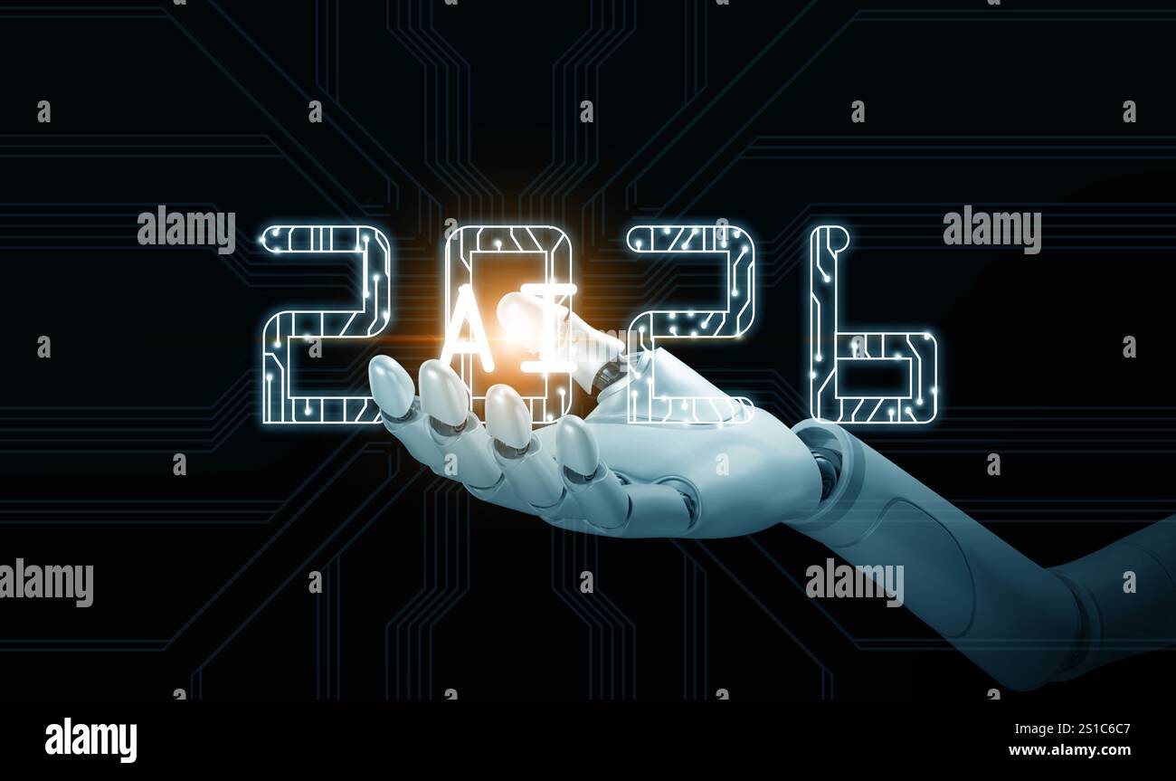 Happy new year 2026. Robot's hand holds year 2026 with AI text on it, to start or begin the new ...