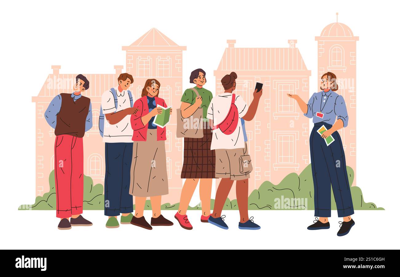 Vector illustration of touristic group at excursion with speaker or ...