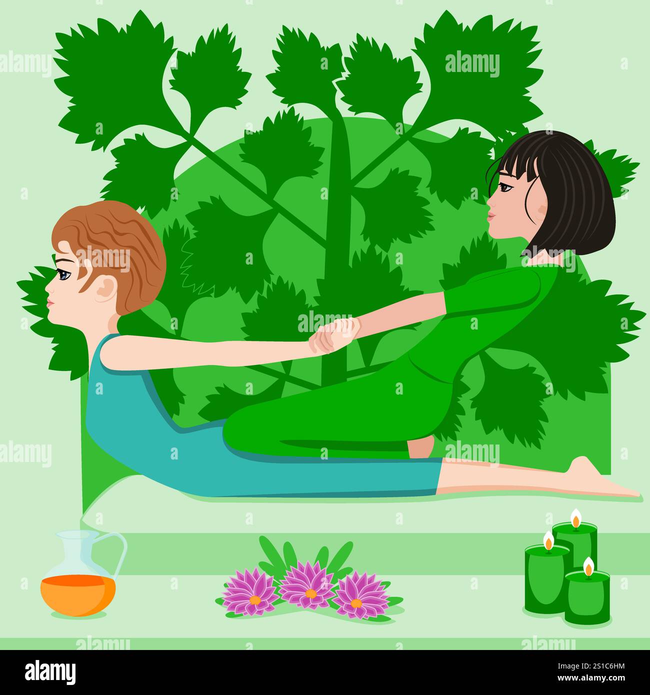 Thai massage. Therapy and treatment by professional therapist in SPA. Isolated flat vector ...