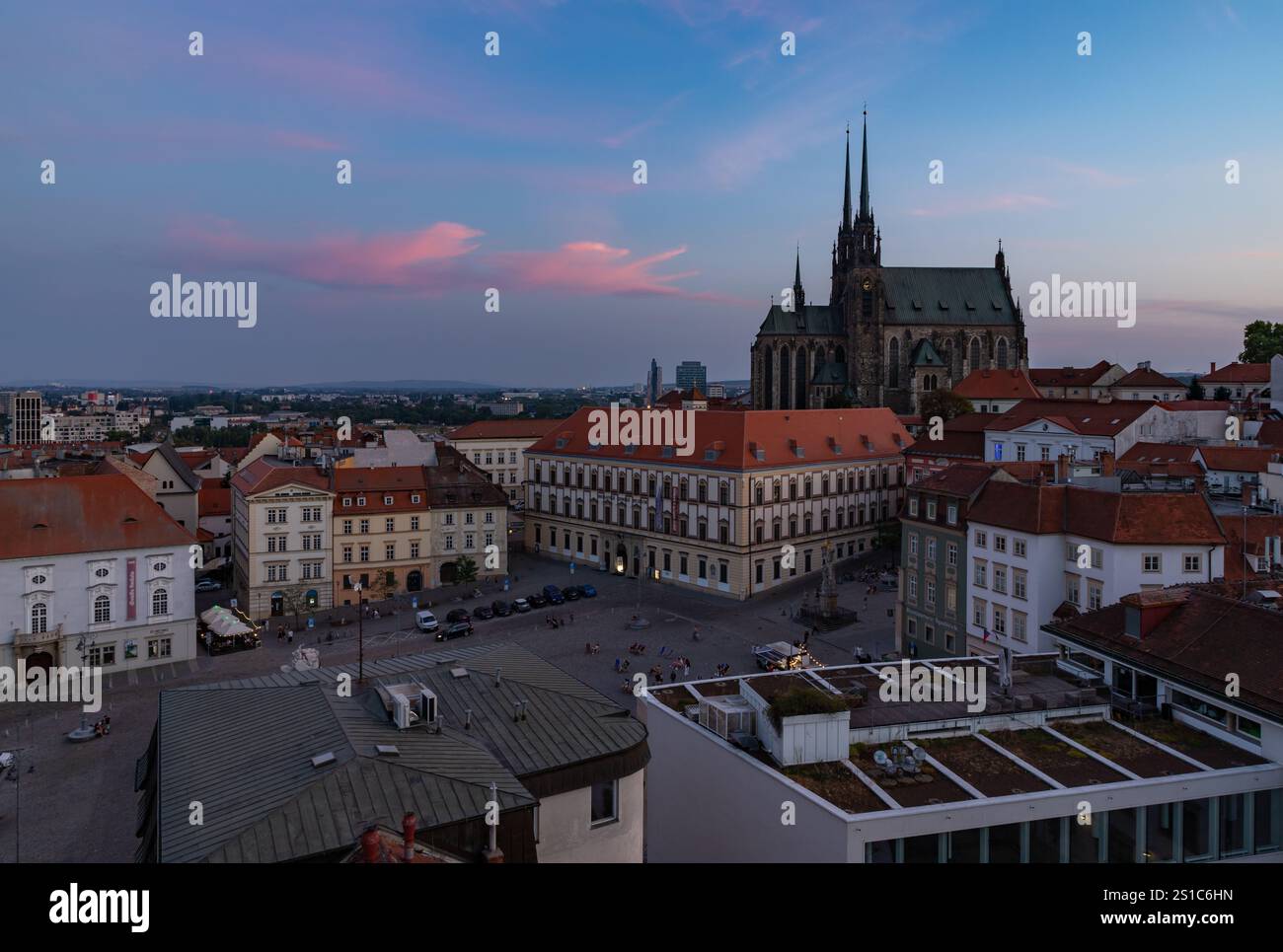 A picture of the Cabbage Market Square of Brno, at sunset, with the ...