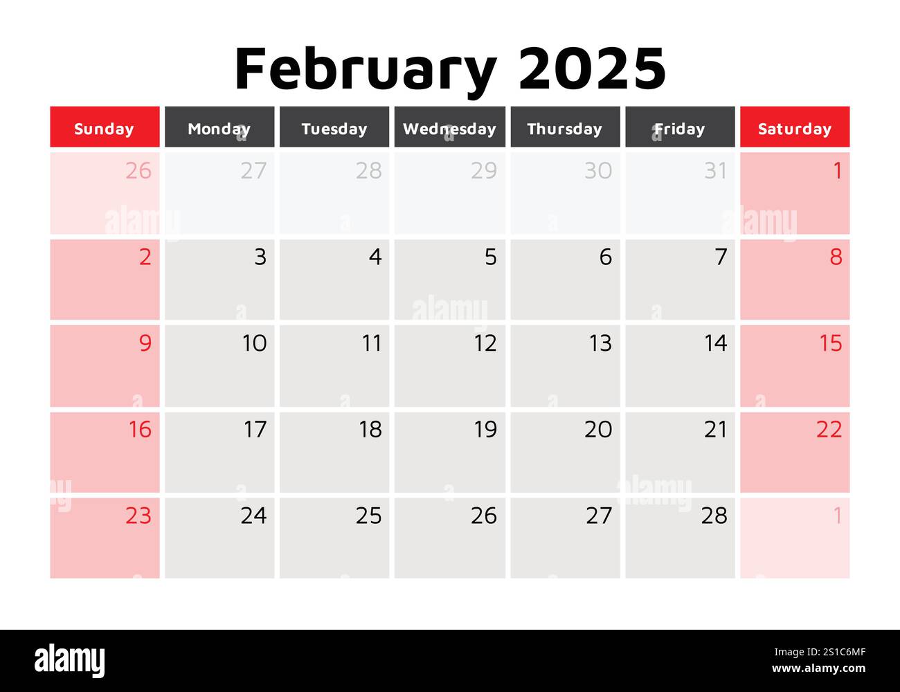 2025 february calendar. A vector English winter monthly calendars ...