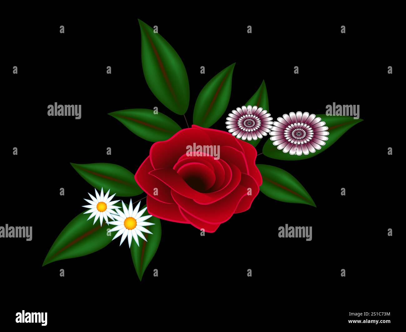 Red rose with daisies on a black background Stock Vector Image & Art ...