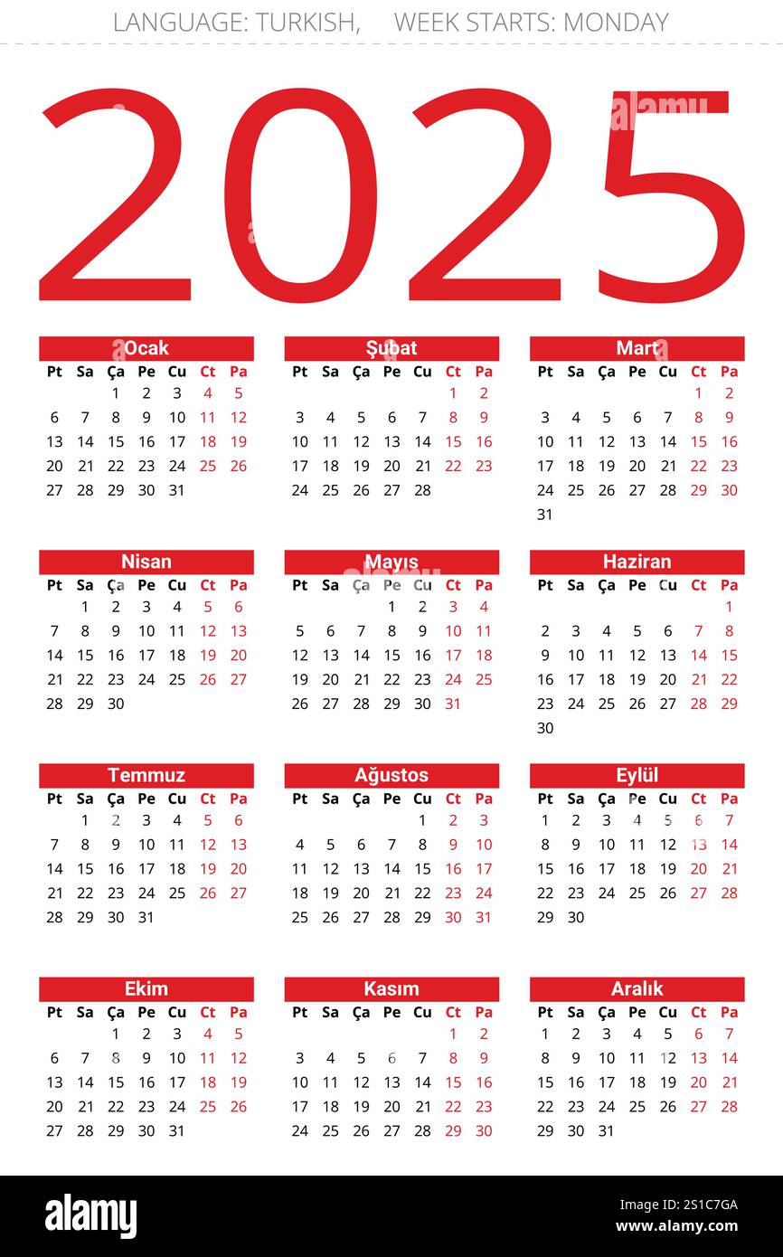 2025 year turkish annual red calendar (takvim). Vector printable ...