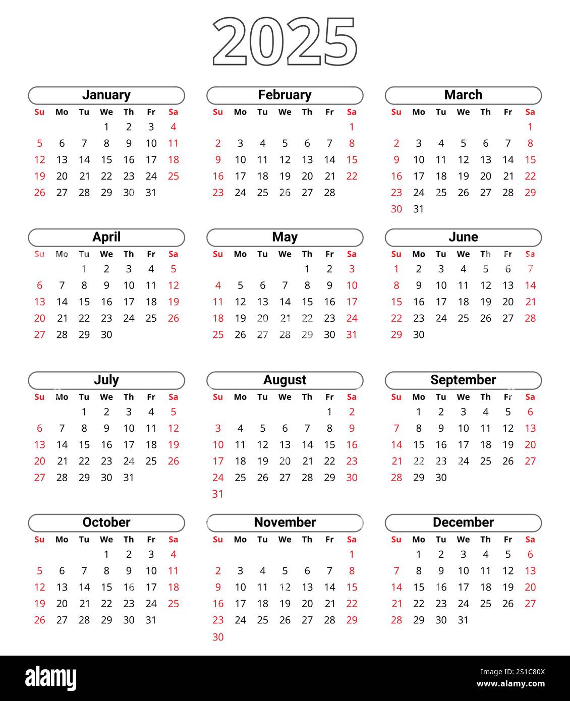2025 year english simple vector calendar with 12 months Stock Vector Image & Art - Alamy