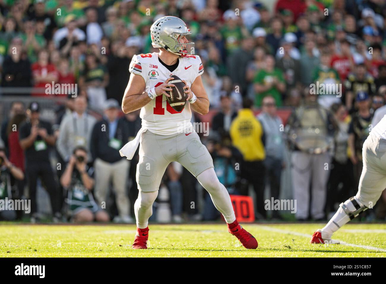 Ohio State Buckeyes quarterback Will Howard (18) drops back to pass during the College Football ...