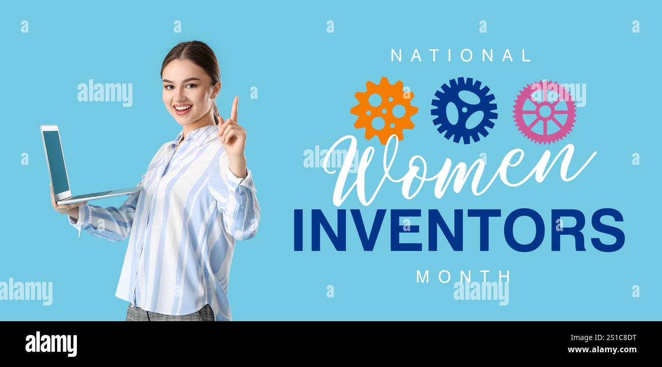 Banner for National Women Inventors Month with young woman holding ...
