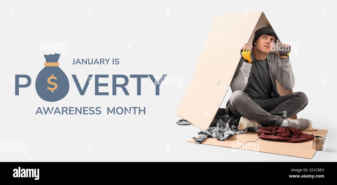 Banner for Poverty Awareness Month with young homeless man with ...