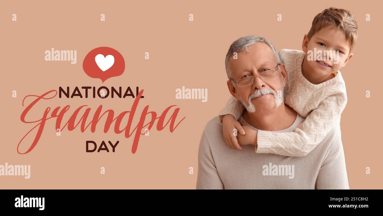 Banner for National Grandpa Day with hugging grandfather and his ...