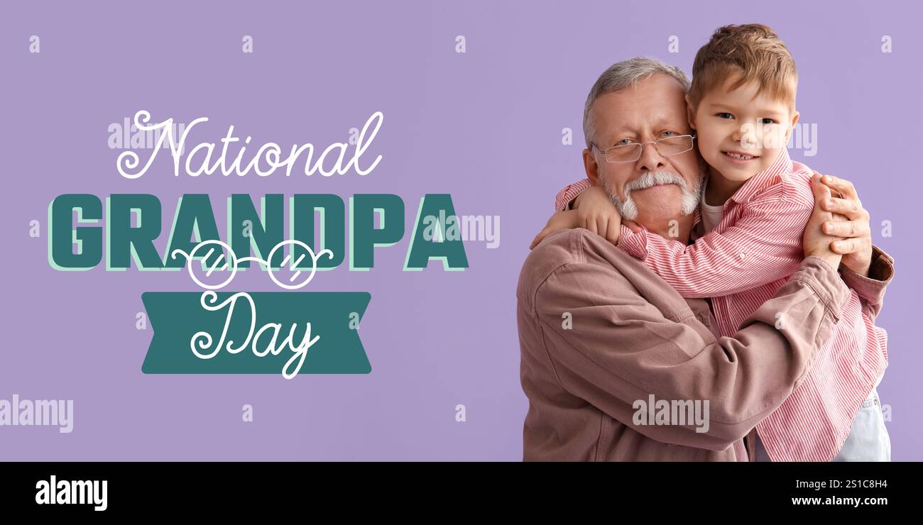 Banner for National Grandpa Day with hugging grandfather and his ...
