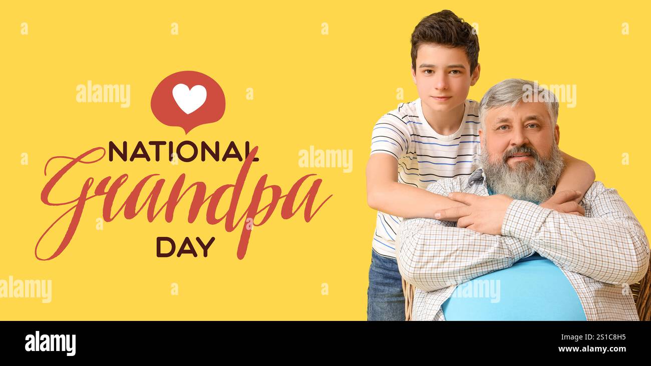 Banner for National Grandpa Day with hugging grandfather and his ...