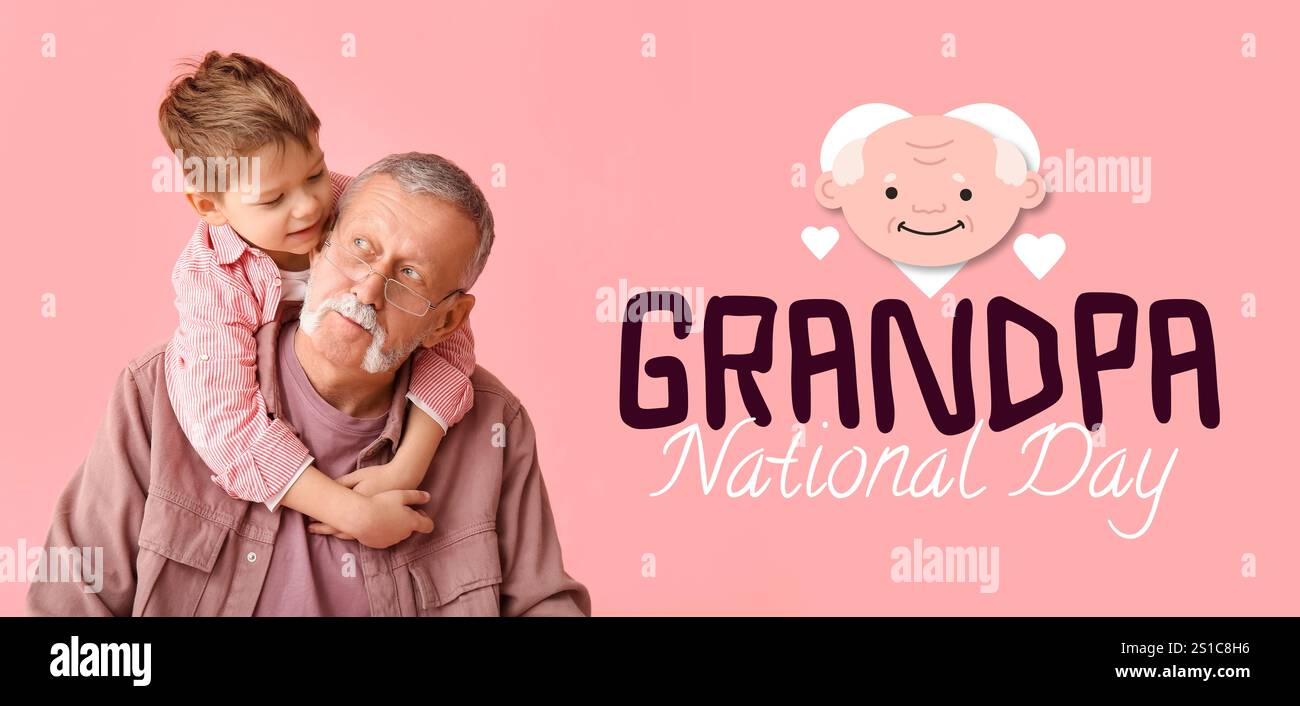 Banner for National Grandpa Day with hugging grandfather and his ...