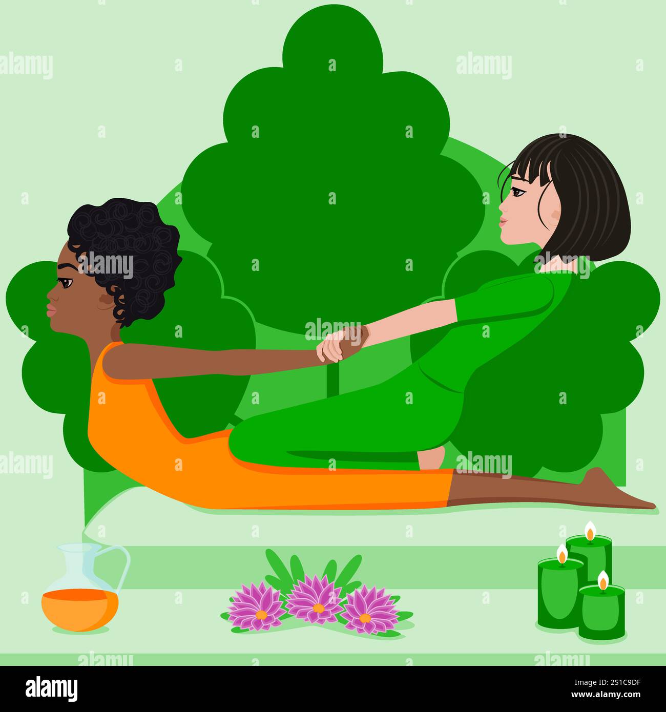 Thai massage. Therapy and treatment by professional therapist in SPA. Isolated flat vector ...