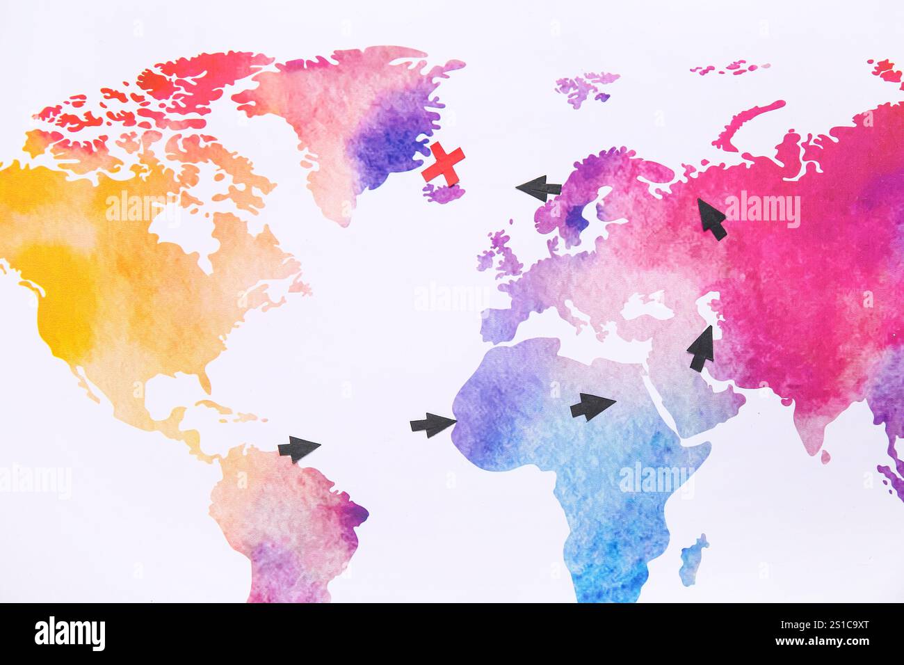 Paper arrows with cross on world map. Itinerary concept Stock Photo - Alamy
