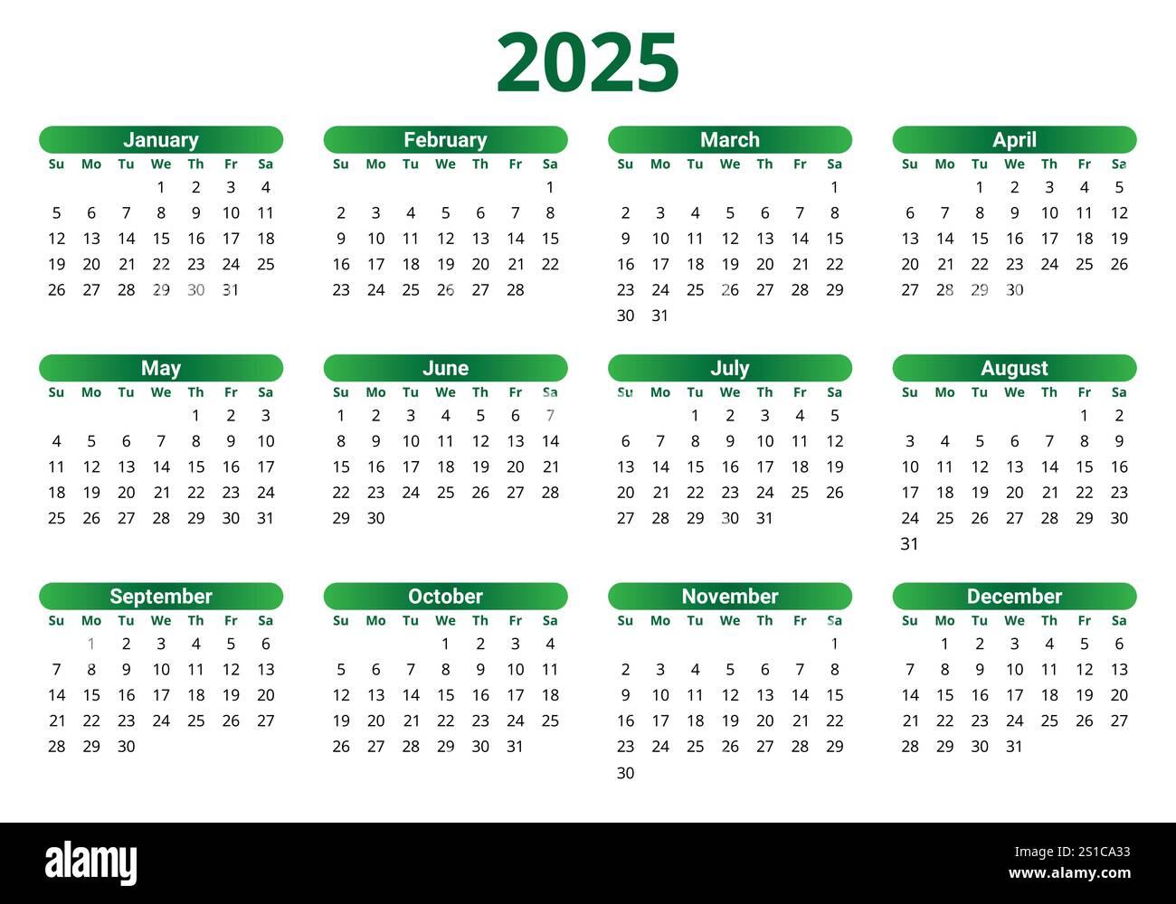 2025 year english vector calendar with 12 months in green colors Stock ...