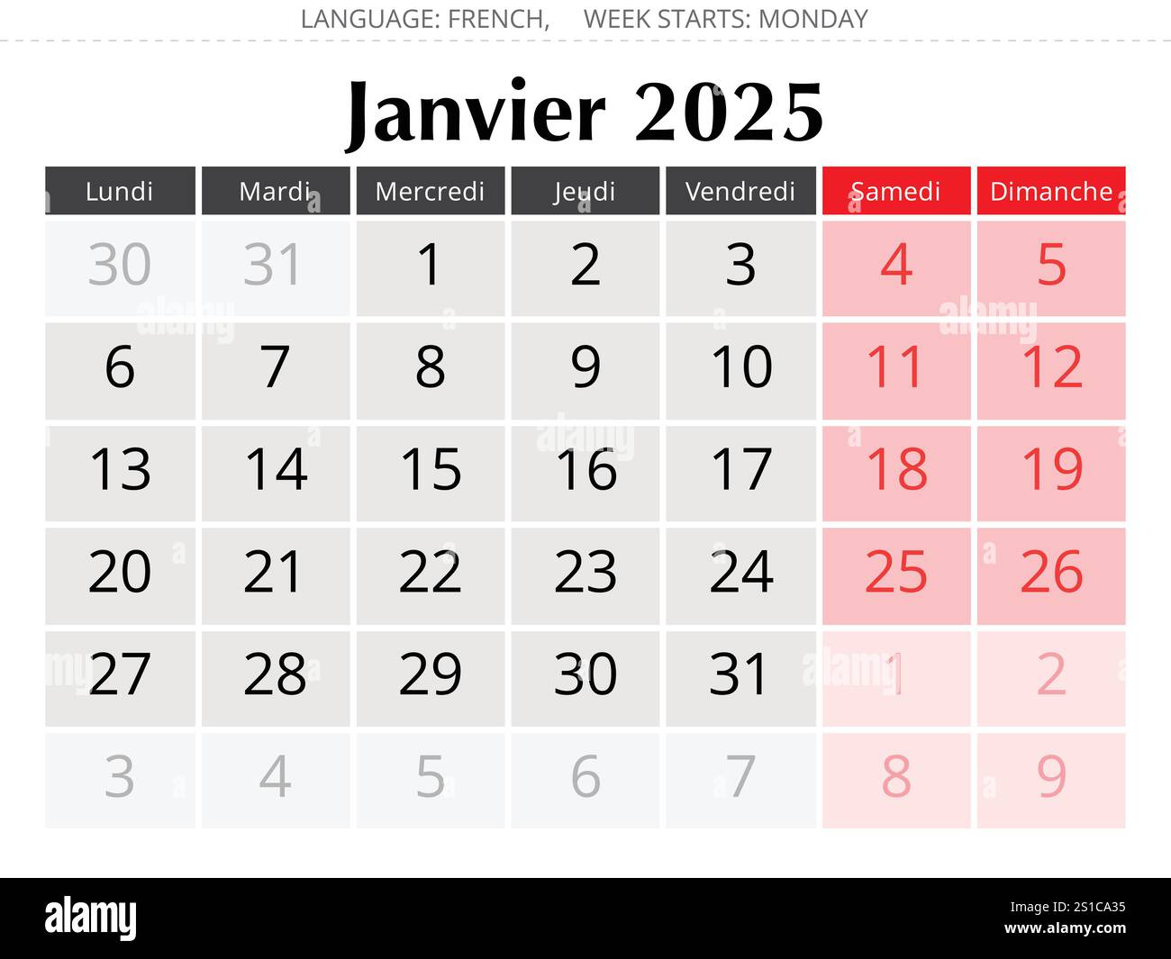 French calendar for January 2025. Vector illustration of winter month ...