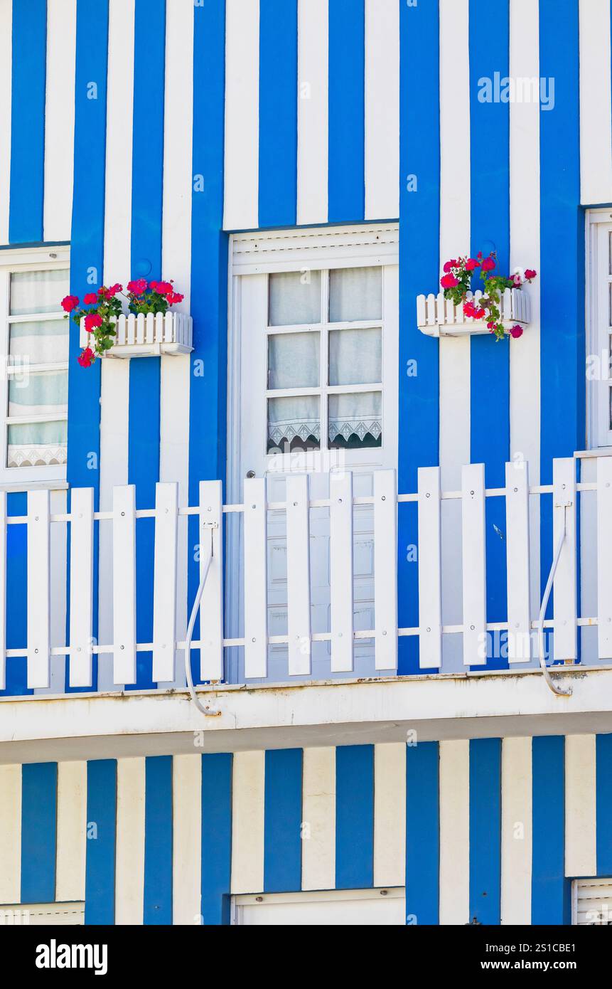 Traditional wooden striped house facade, Costa Nova do Prado, Aveiro ...