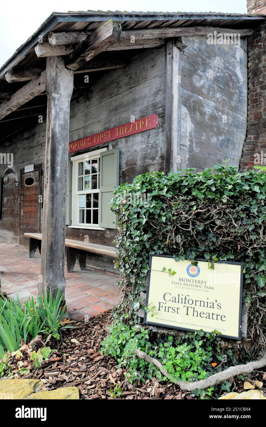 Sign at The First Theater in California, historic adobe and wood ...