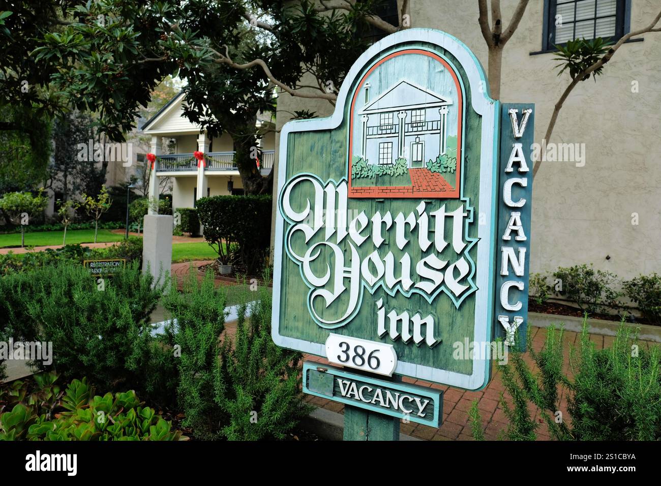 Sign at the Merritt House Inn, a boutique hotel in Monterey, California ...