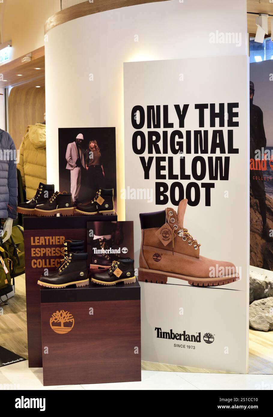 Timberland yellow boot on advertismemt Stock Photo - Alamy