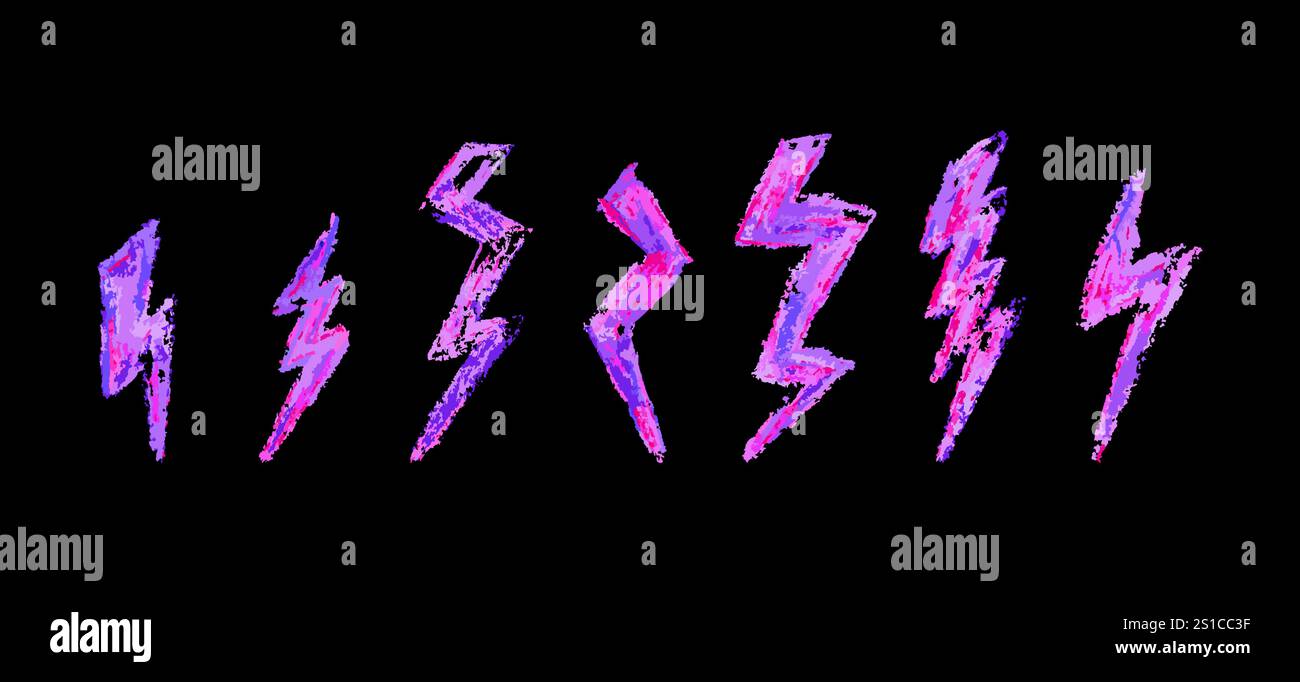 Set of lightning by wax pencil drawing. Collection of handdrawing chalk ...