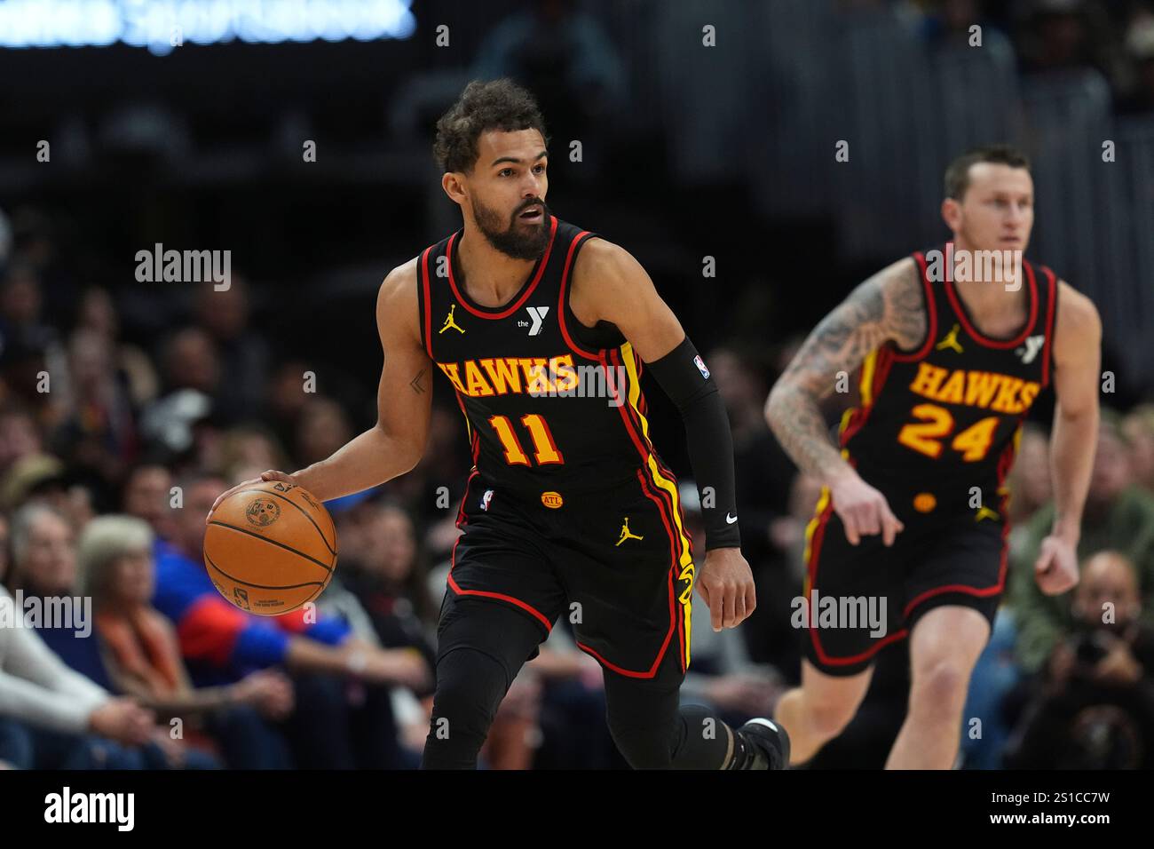 Atlanta Hawks guardS Trae Young (11) and Garrison Mathews (24) in the ...