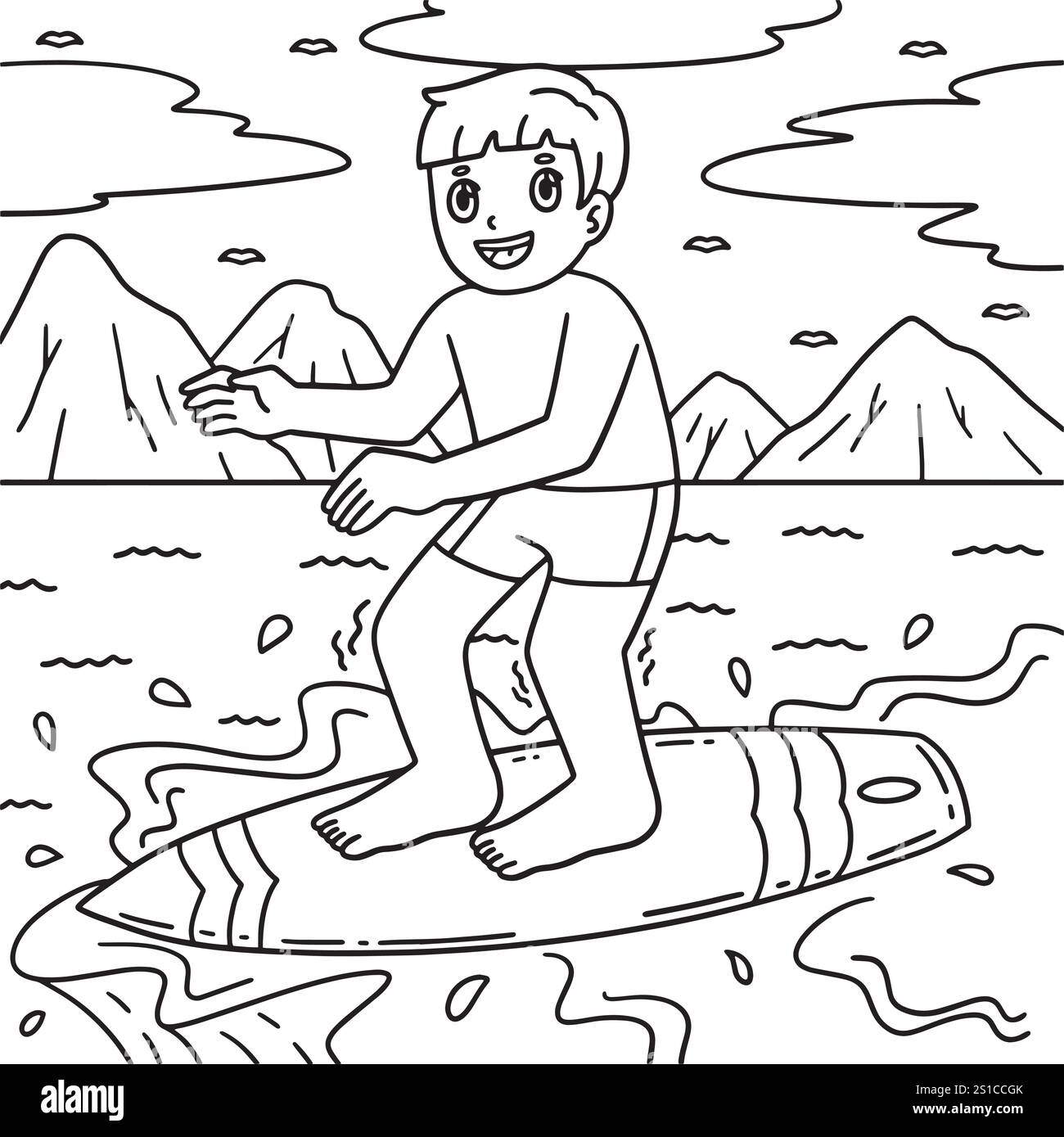 Surfing Boy Balancing on a Surfboard Coloring Page Stock Vector Image ...