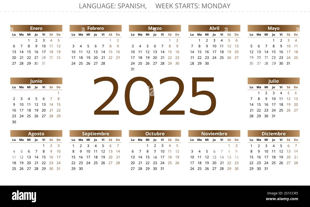 Spanish 2025 year month annual calendar. Vector illustration for Spain ...