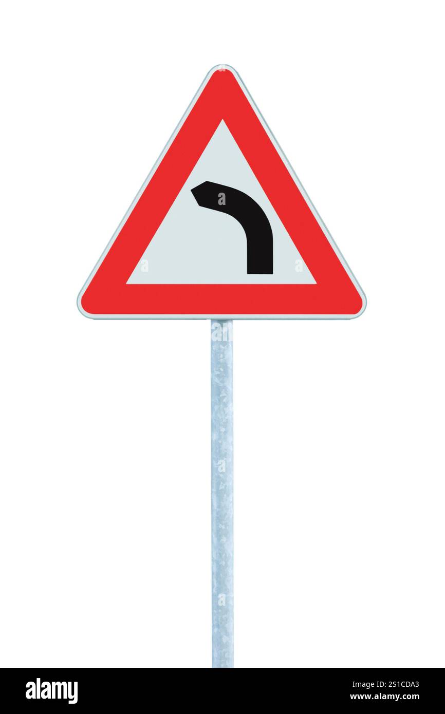 Bend to left ahead road sign, large detailed isolated vertical white ...