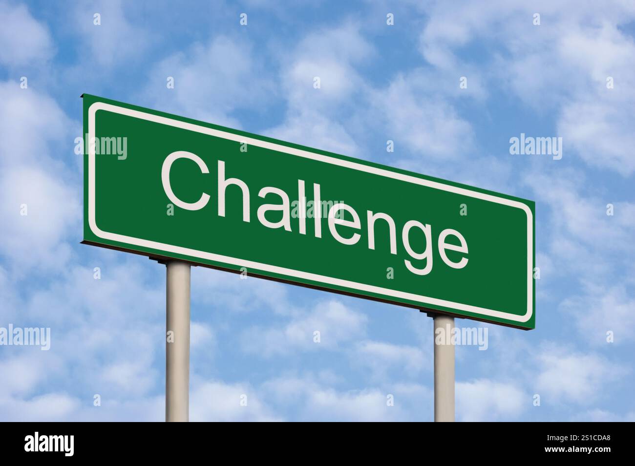 Challenge concept green destination signboard road sign, white text ...