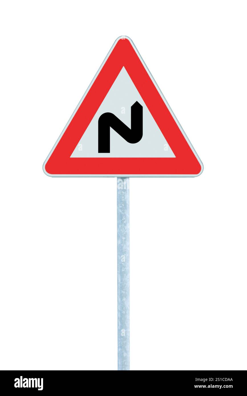 Double bend ahead, first to the right road sign, large detailed ...