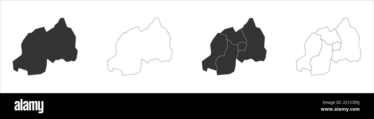 Rwanda set of three maps - solid map, outline map and map highlighting administrative divisions ...