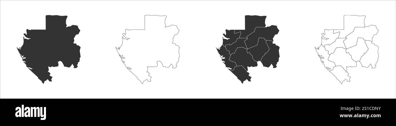 Gabon set of three maps - solid map, outline map and map highlighting administrative divisions ...