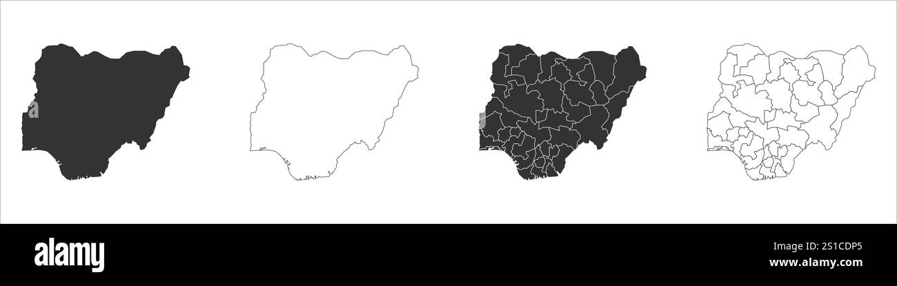 Nigeria set of three maps - solid map, outline map and map highlighting administrative divisions ...