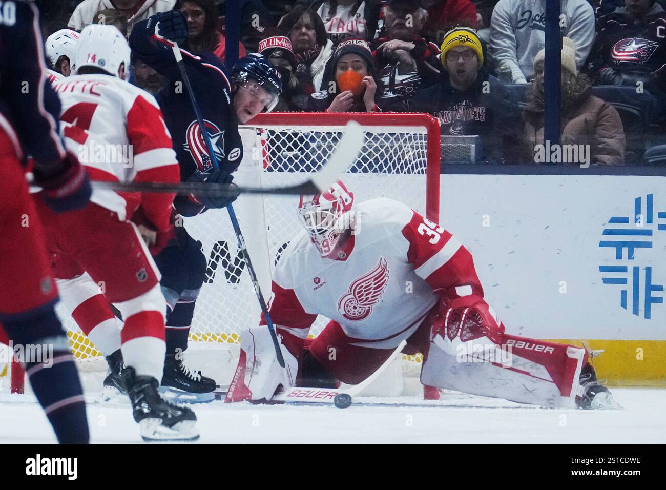 Detroit Red Wings goaltender Cam Talbot (39) blocks a shot by Columbus ...