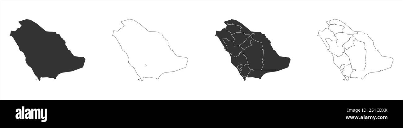 Saudi Arabia set of three maps - solid map, outline map and map highlighting administrative ...