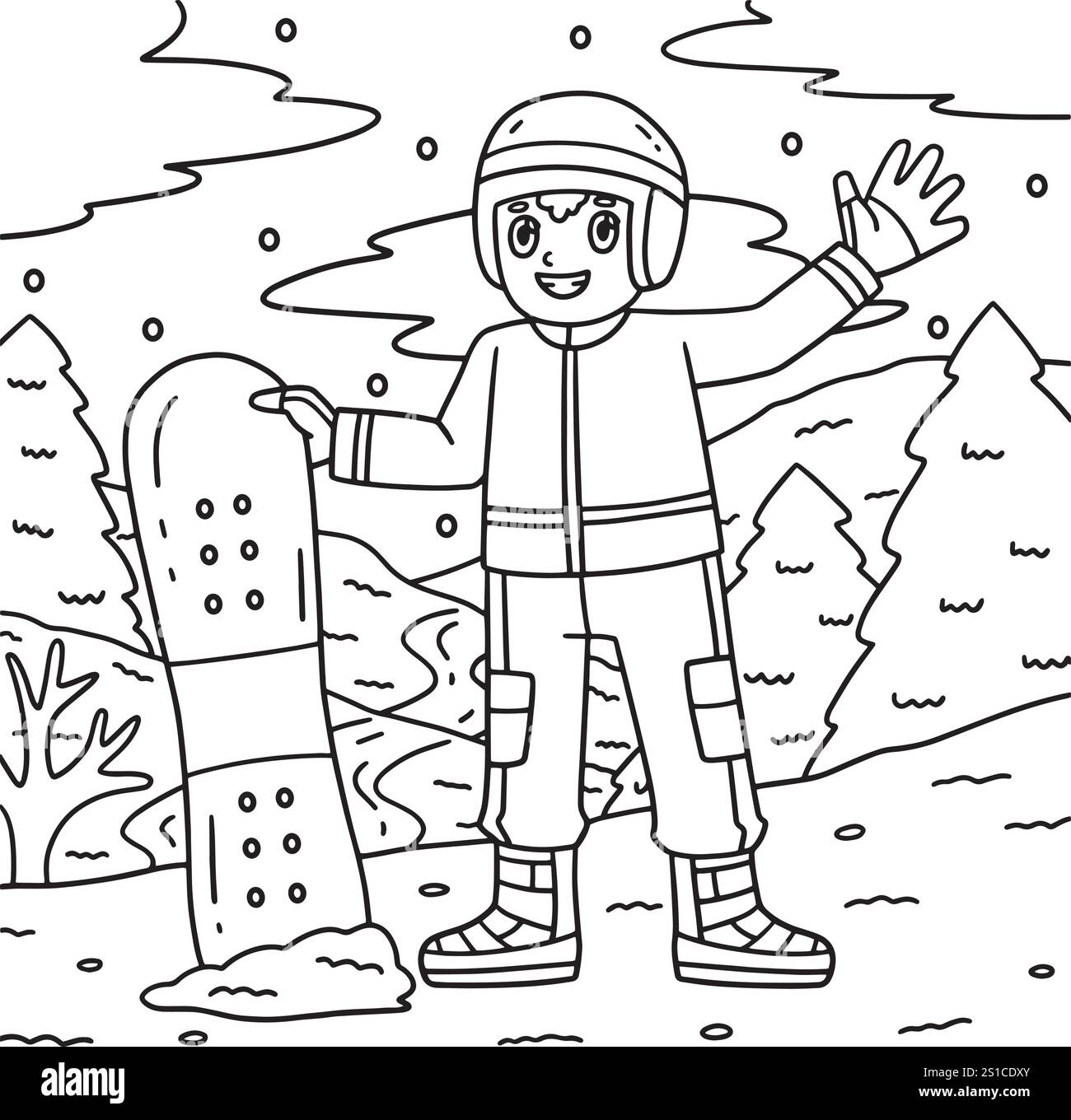 Snowboarding Boy Holding a Snowboard Coloring Page Stock Vector Image ...