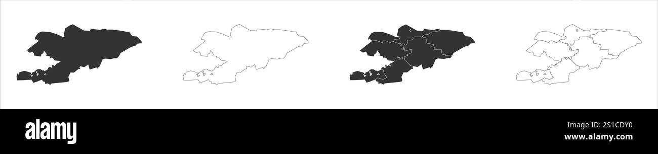 Kyrgyzstan set of three maps - solid map, outline map and map highlighting administrative ...