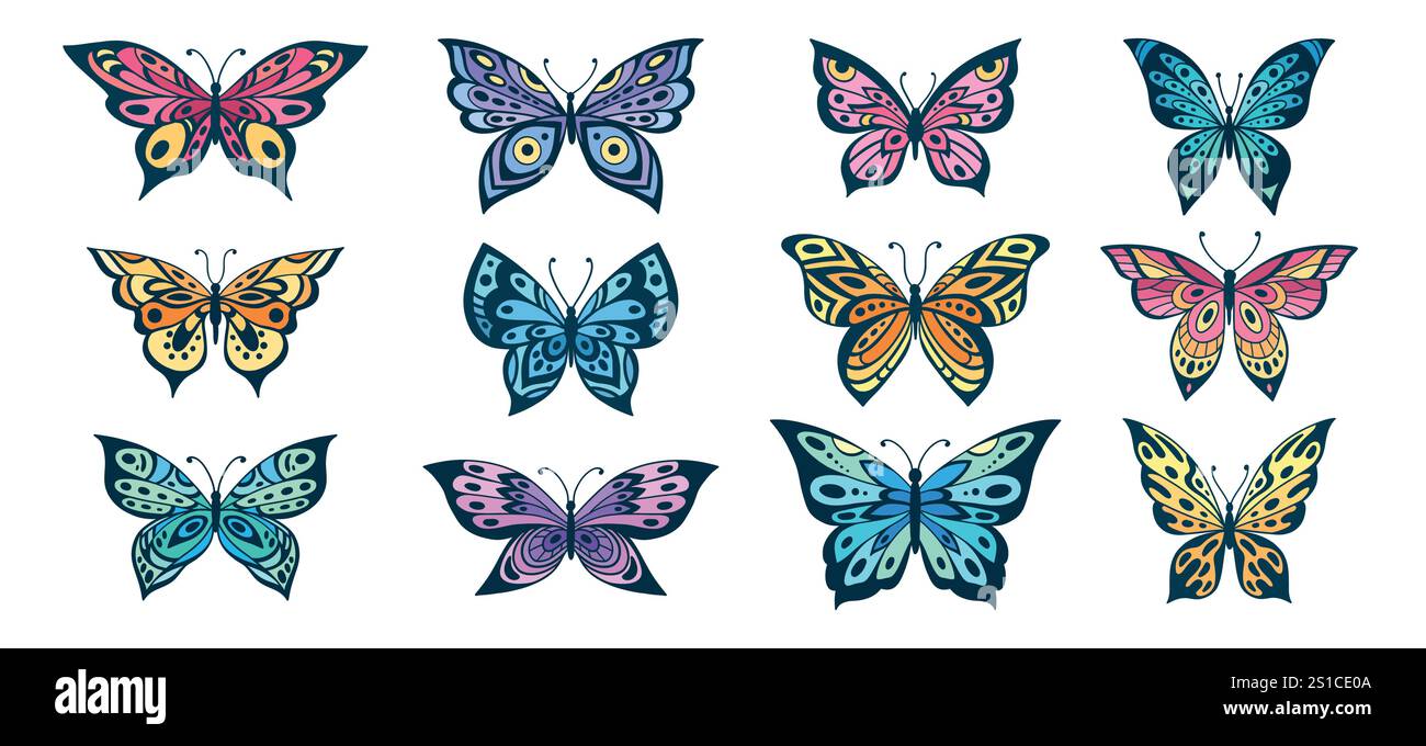 Hand drawn butterfly. Flower butterflies, moth wings and spring ...