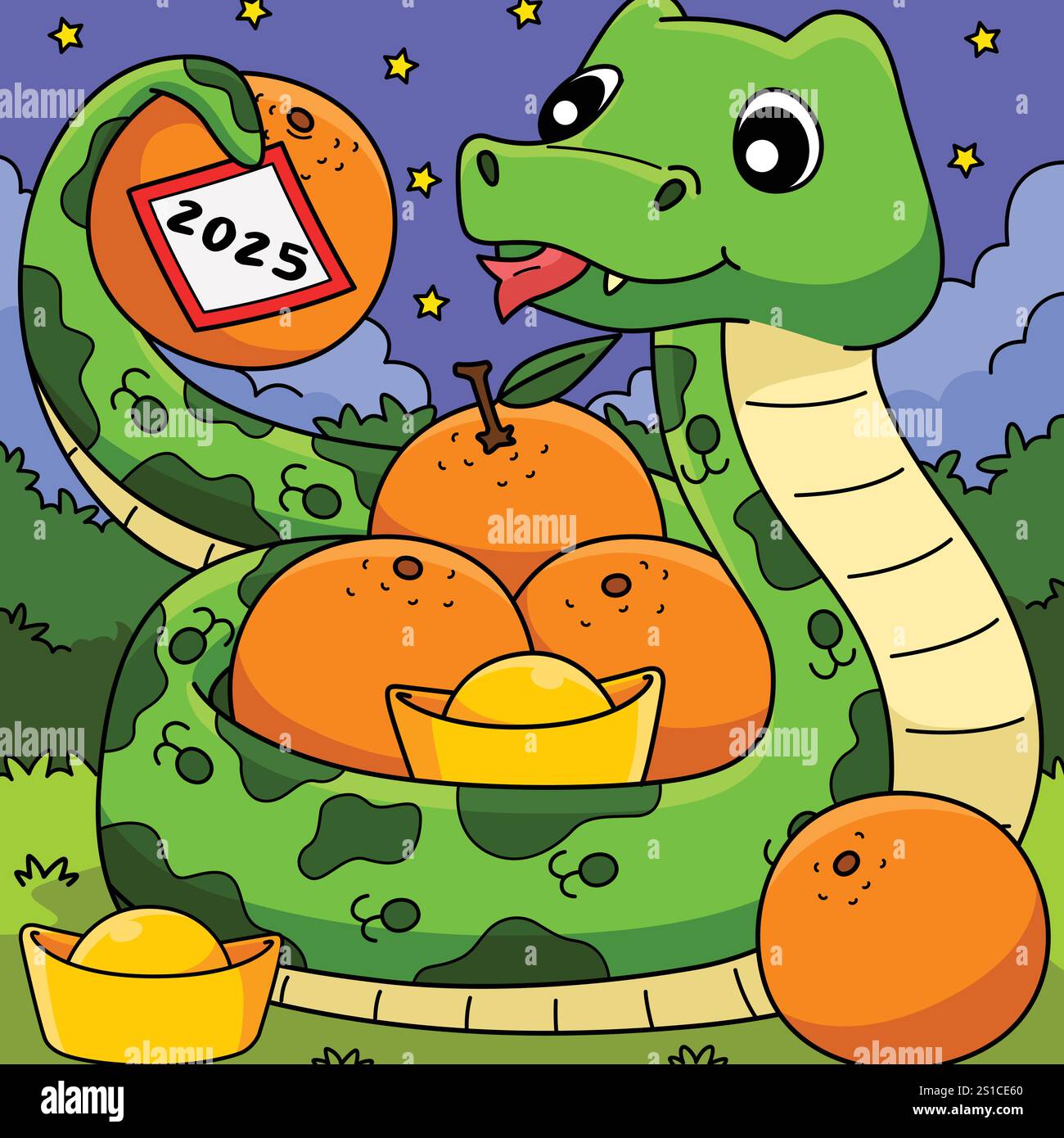 Year of the Snake Holding Mandarin Colored Cartoon Stock Vector Image ...