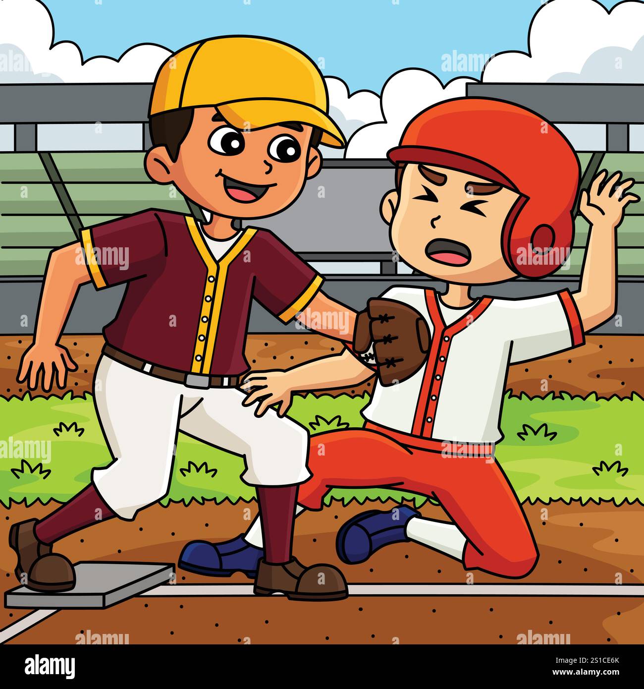 Baseball Player Base Tagging Colored Cartoon Stock Vector Image & Art ...