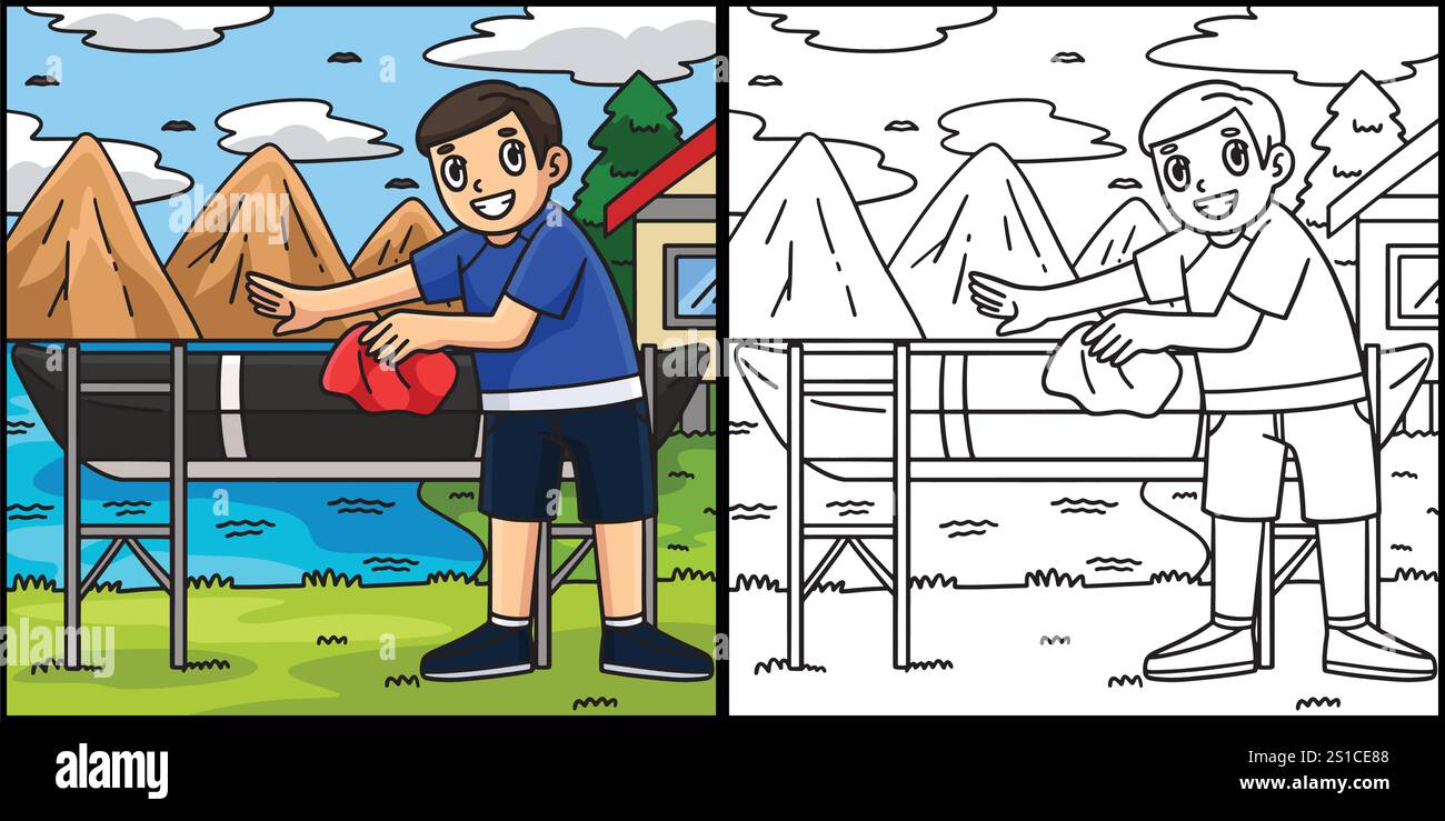 Rowing Oarsman Cleaning Boat Coloring Illustration Stock Vector Image ...