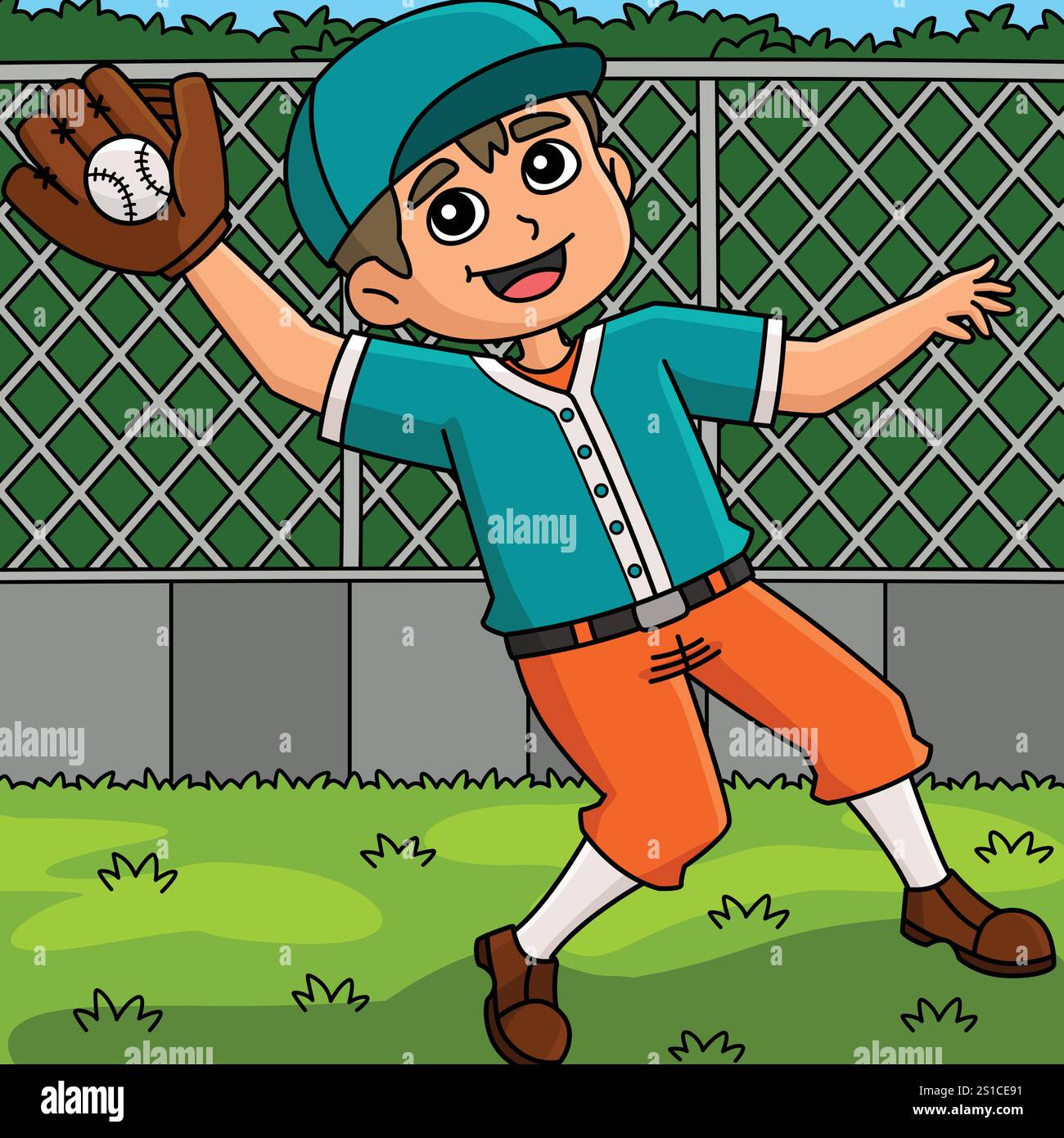 Baseball Outfielder Catching Ball Colored Cartoon Stock Vector Image ...