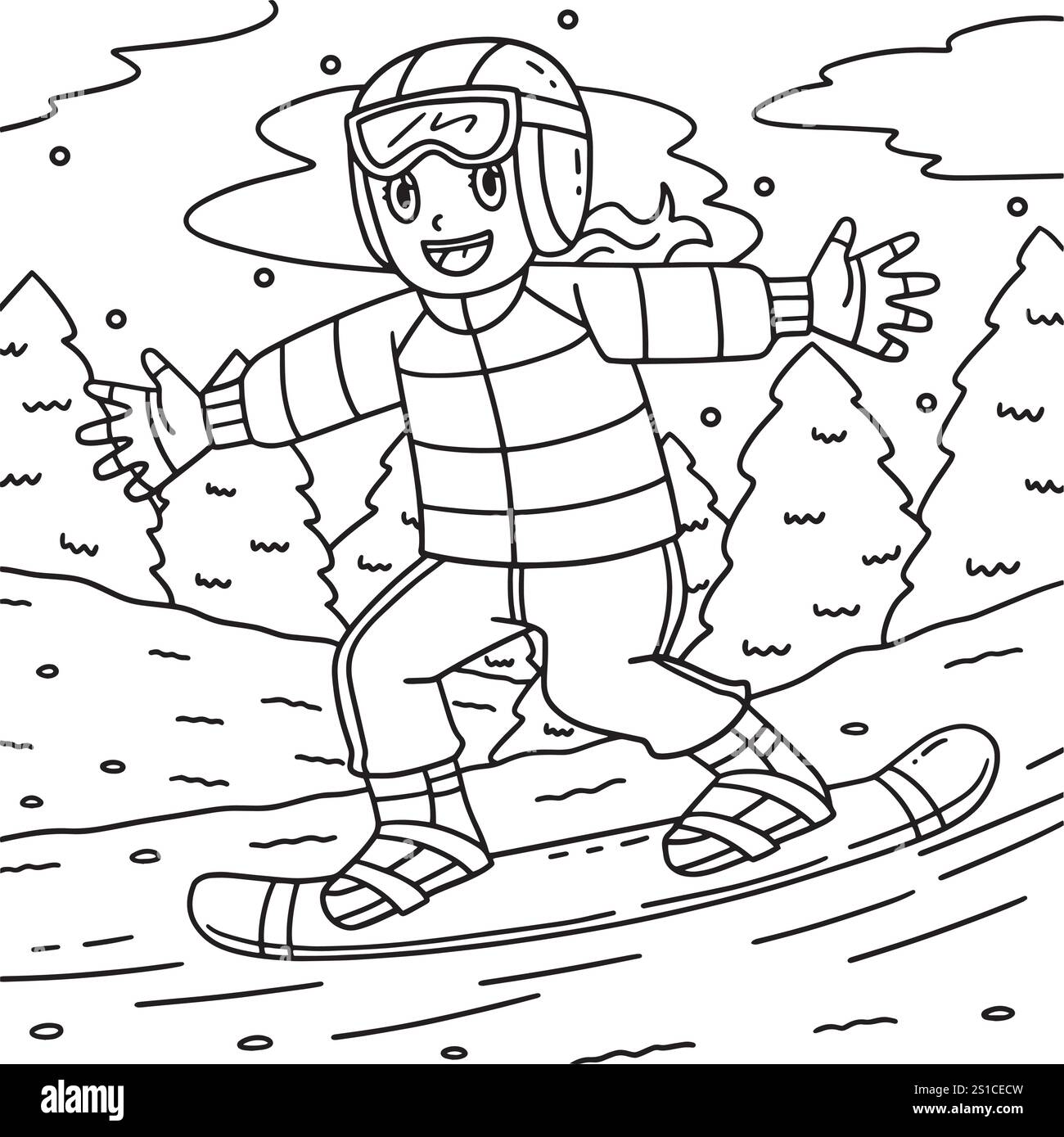 Snowboarding Girl Gliding Coloring Page for Kids Stock Vector Image ...